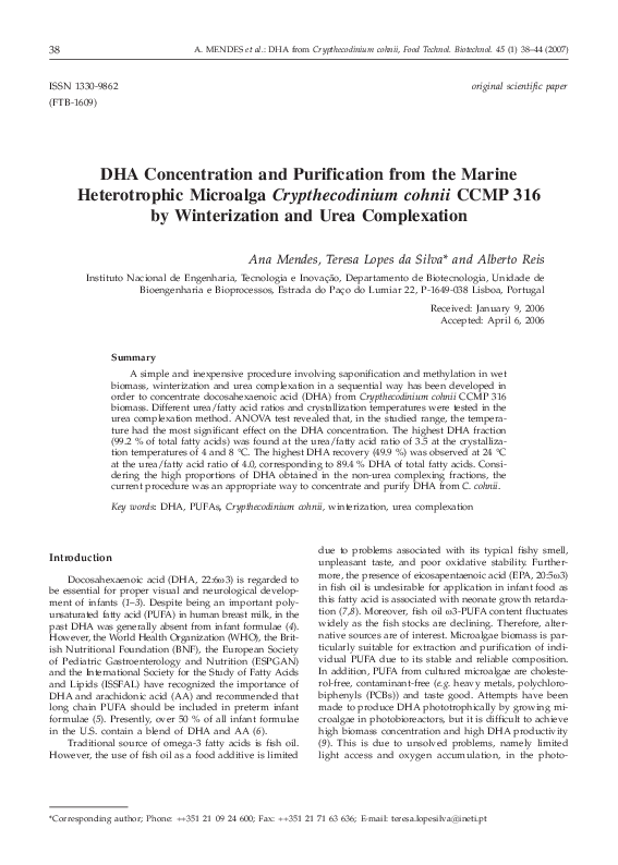 (PDF) DHA concentration and purification from the marine heterotrophic ...