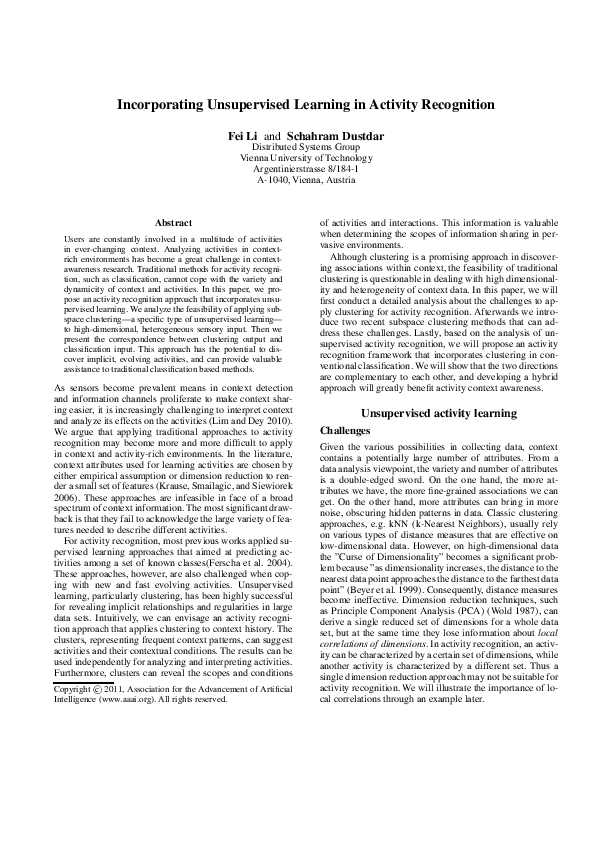 (PDF) Incorporating unsupervised learning in activity recognition