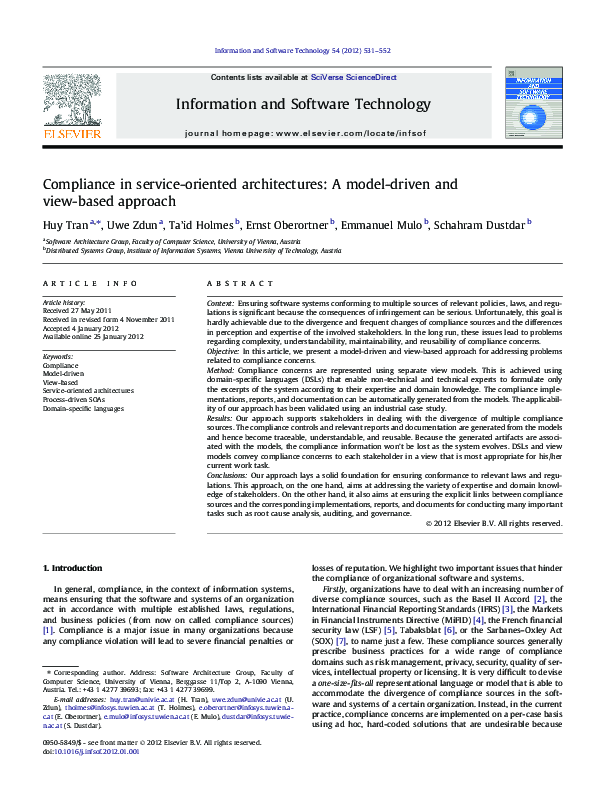 Pdf Compliance In Service Oriented Architectures A Model Driven And View Based Approach