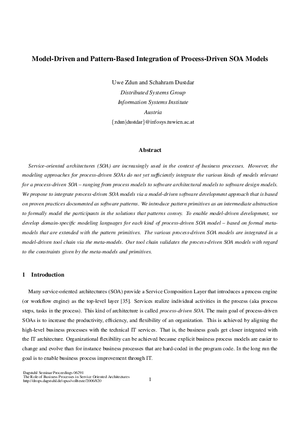 Pdf Model Driven And Pattern Based Integration Of Process Driven Soa Models 