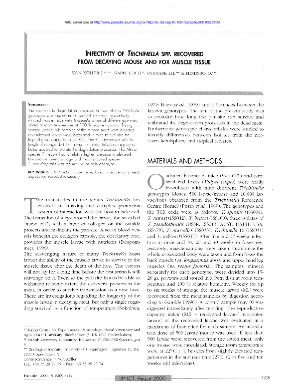 (PDF) Infectivity of Trichinella spp. recovered from decaying mouse and ...