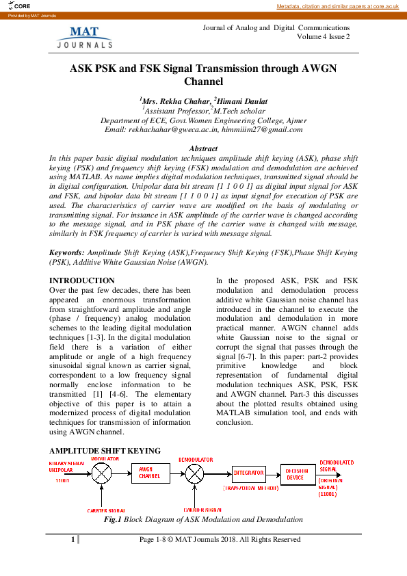 (PDF) ASK PSK and FSK Signal Transmission through AWGN Channel