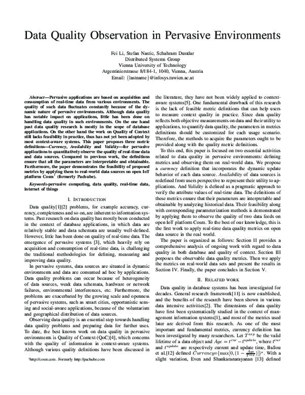 (PDF) Data Quality Observation in Pervasive Environments
