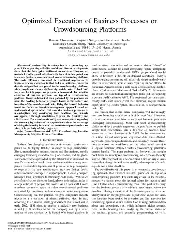 (PDF) Optimized Execution of Business Processes on Crowdsourcing Platforms
