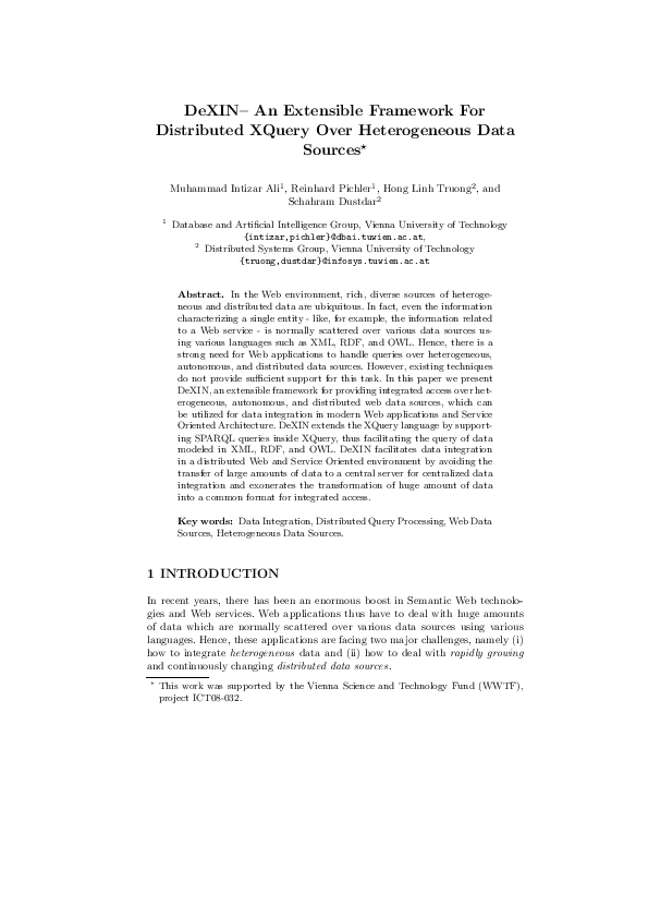 (PDF) DeXIN: An Extensible Framework for Distributed XQuery over Heterogeneous Data Sources