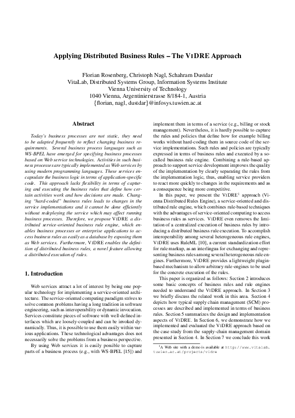(PDF) Applying Distributed Business Rules - The VIDRE Approach