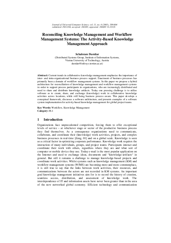 (PDF) Reconciling Knowledge Management and Workflow Management Systems: The Activity-Based ...