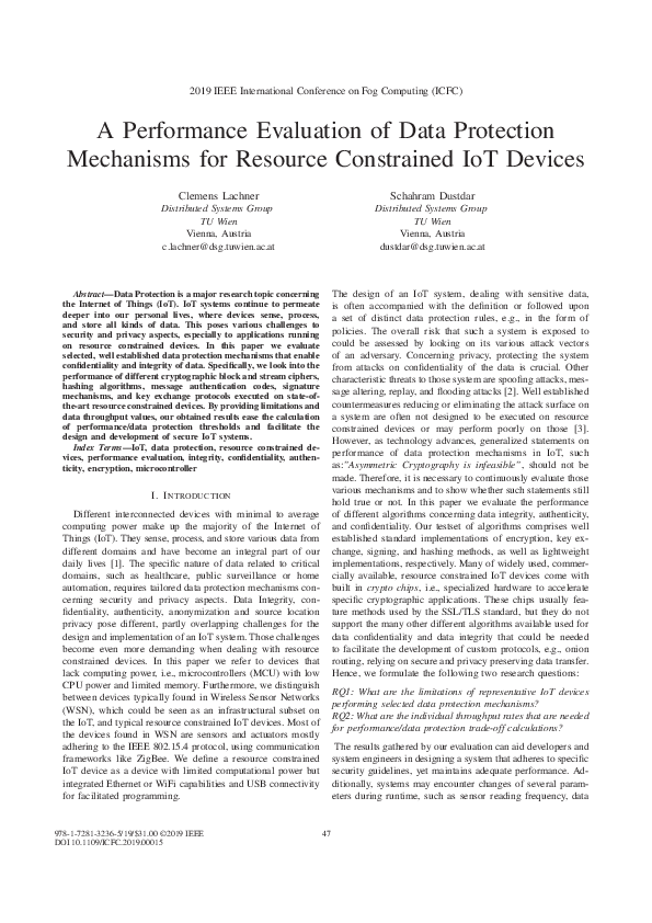 (PDF) A Performance Evaluation of Data Protection Mechanisms for Resource Constrained IoT Devices