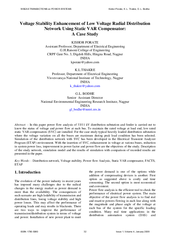 (PDF) Voltage Stability Enhancement of Low Voltage Radial Distribution Network Using Static VAR ...