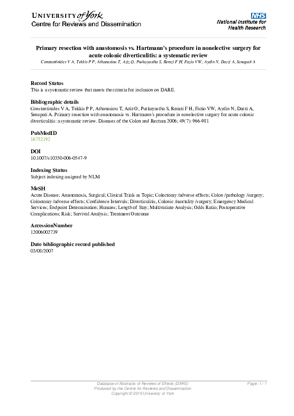 (PDF) Primary Resection With Anastomosis vs . Hartmann's Procedure in ...