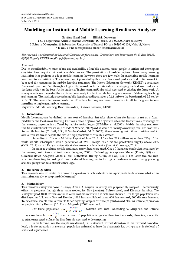 (PDF) Modelling an Institutional Mobile Learning Readiness Analyser