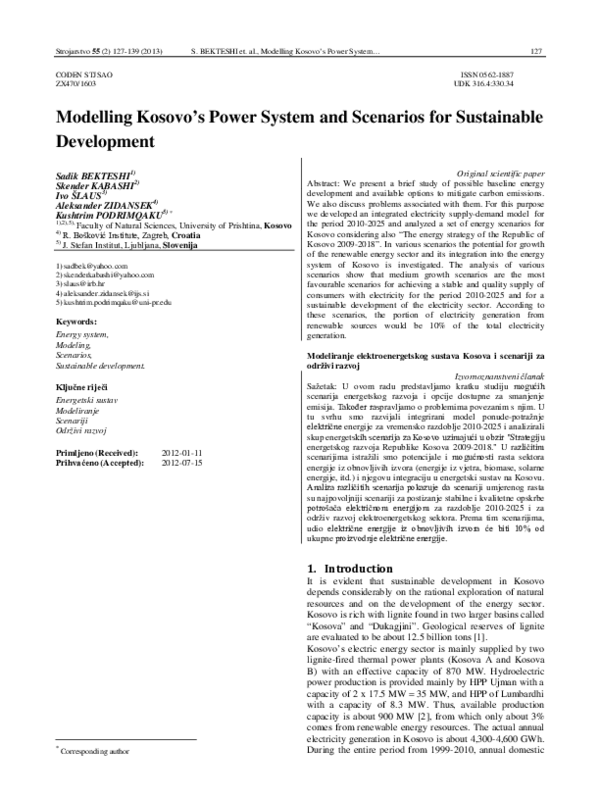 Modeliranje elektroenergetskog sustava Kosova i scenariji za održivi razvoj