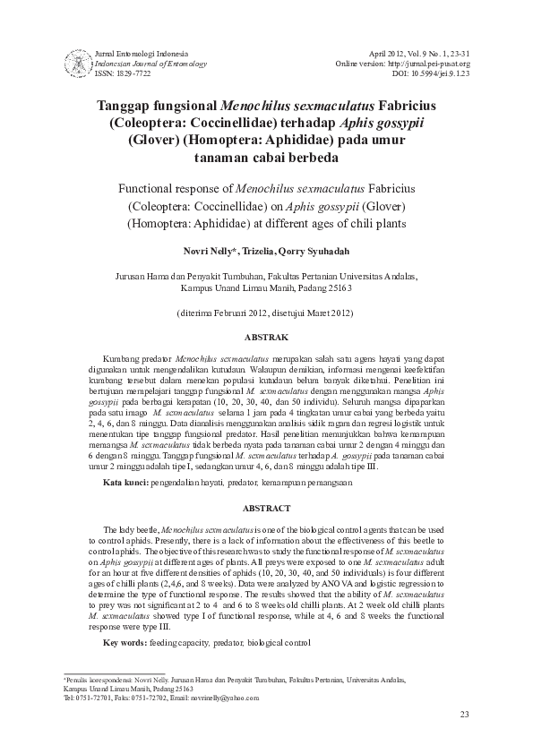 (PDF) Tanggap fungsional Menochilus sexmaculatus Fabricius (Coleoptera ...