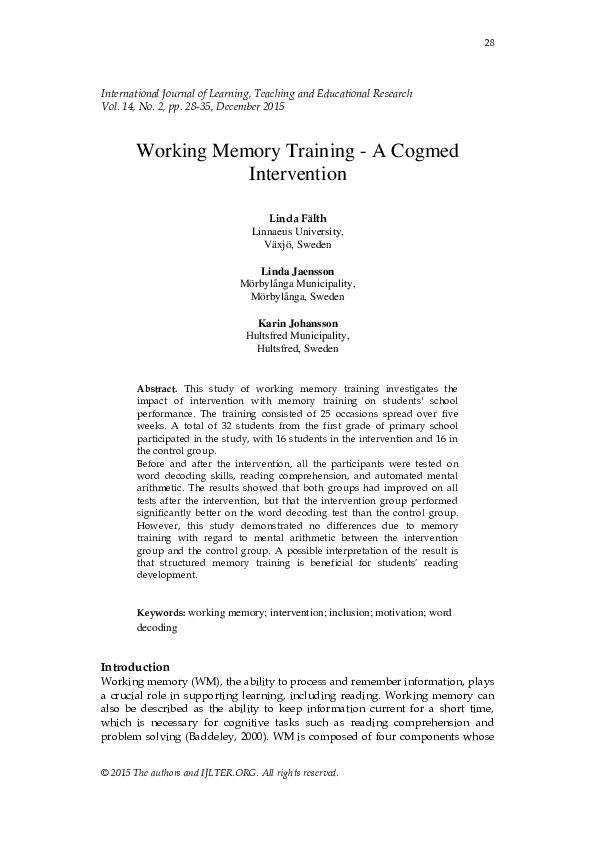 (PDF) Working Memory Training - A Cogmed Intervention | Linda Fälth - Academia.edu