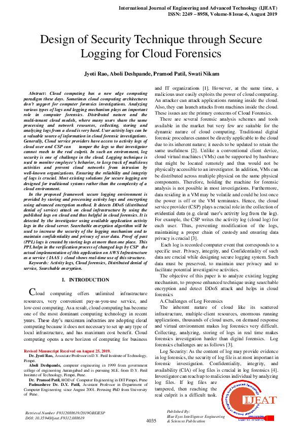 (PDF) Design of Security Technique through Secure Logging for Cloud Forensics