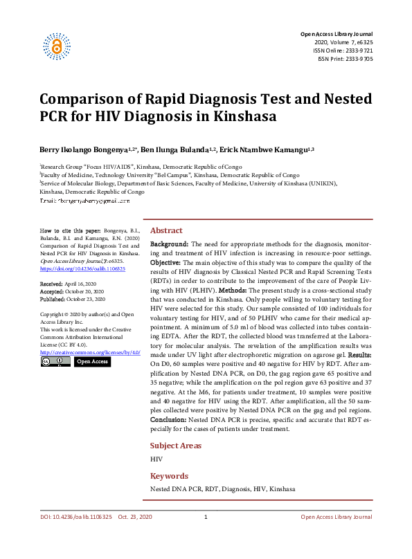 Pdf Comparison Of Rapid Diagnosis Test And Nested Pcr For Hiv