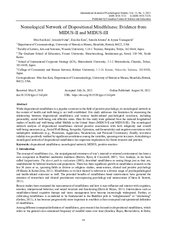 (PDF) Nomological Network of Dispositional Mindfulness: Evidence from ...