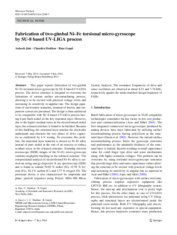 (PDF) Fabrication of two-gimbal Ni–Fe torsional micro-gyroscope by SU-8 ...