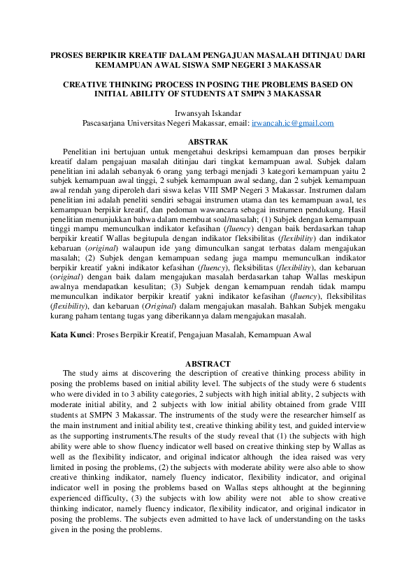(PDF) Proses Berpikir Kreatif Dalam Pengajuan Masalah Ditinjau Dari Kemampuan Awal Siswa SMP ...