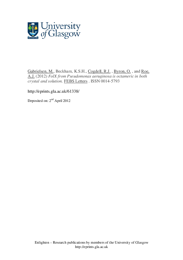(PDF) FolX from Pseudomonas aeruginosa is octameric in both crystal and ...
