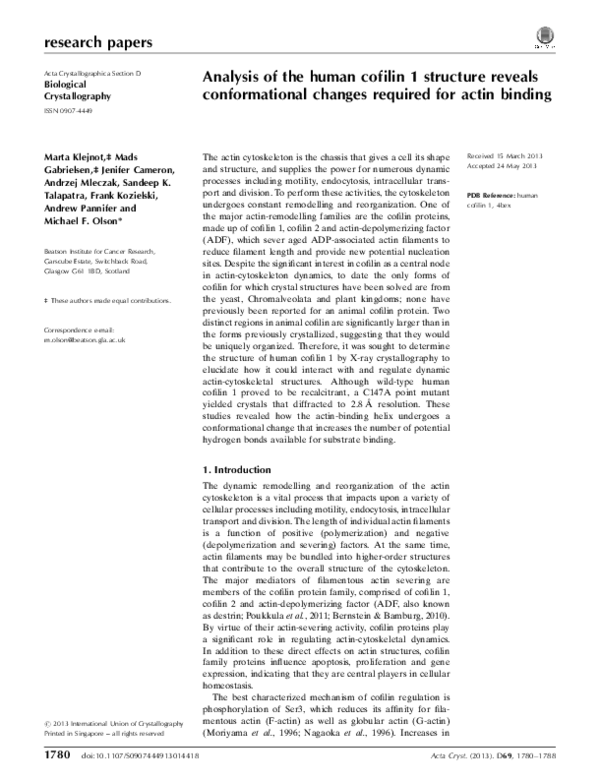 (PDF) Analysis of the human cofilin 1 structure reveals conformational ...