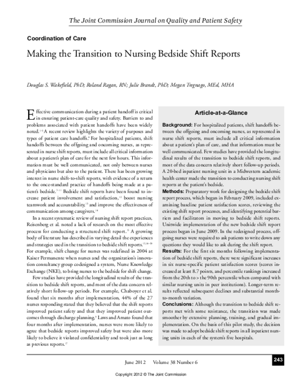 (PDF) Making the Transition to Nursing Bedside Shift Reports