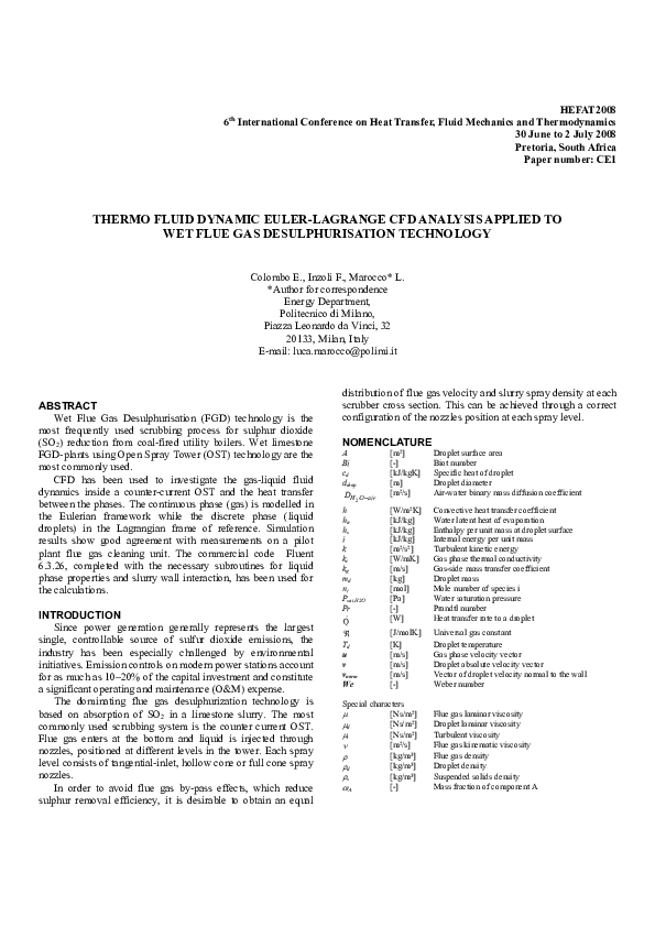 Pdf Thermo Fluid Dynamic Euler Lagrange Cfd Analysis Applied To Wet Flue Gas Desulphurisation 