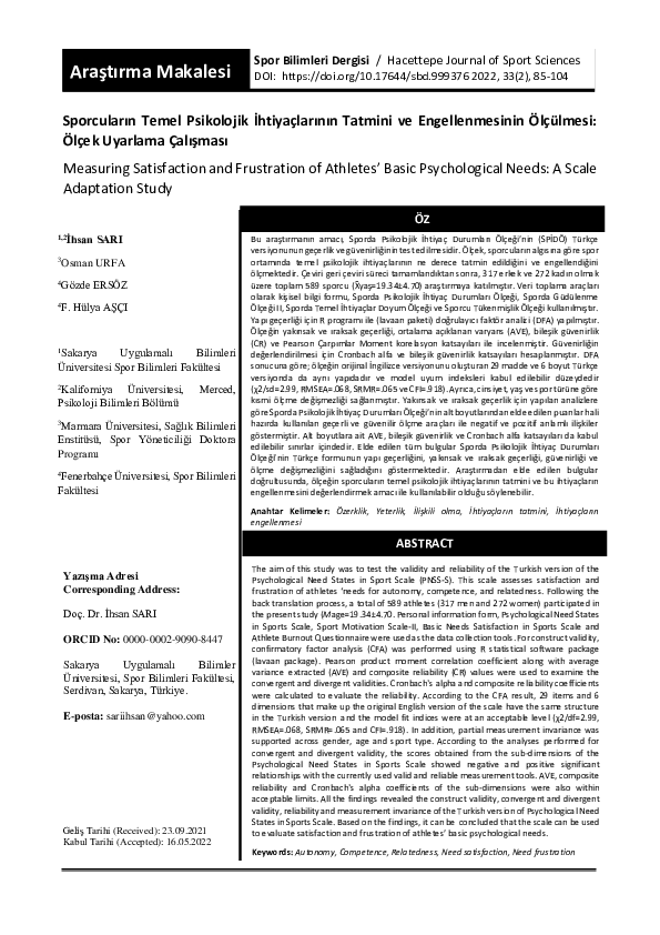 Pdf Measuring Satisfaction And Frustration Of Athletes Basic Psychological Needs A Scale