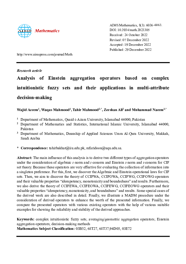 Pdf Analysis Of Einstein Aggregation Operators Based On Complex Intuitionistic Fuzzy Sets And