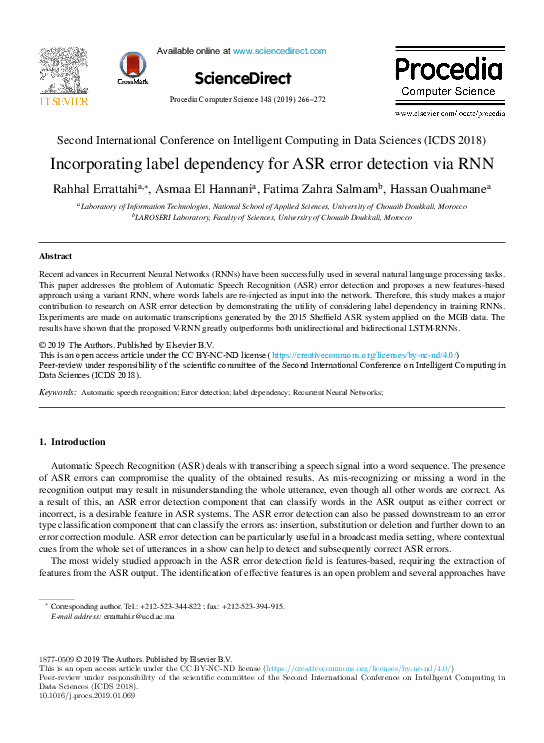 Pdf Incorporating Label Dependency For Asr Error Detection Via Rnn Asmaa El Hannani