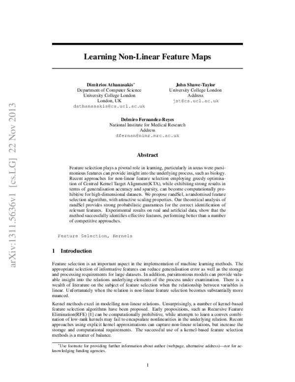 (PDF) Learning Non-Linear Feature Maps