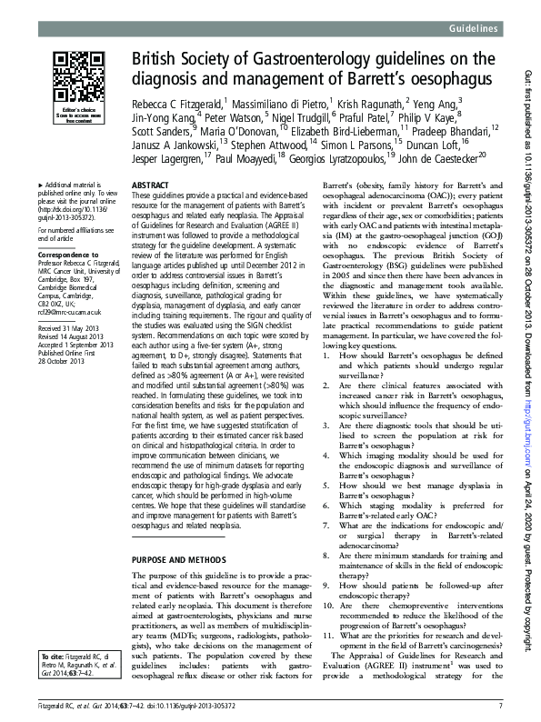 (PDF) British Society of Gastroenterology guidelines on the diagnosis and management of Barrett ...