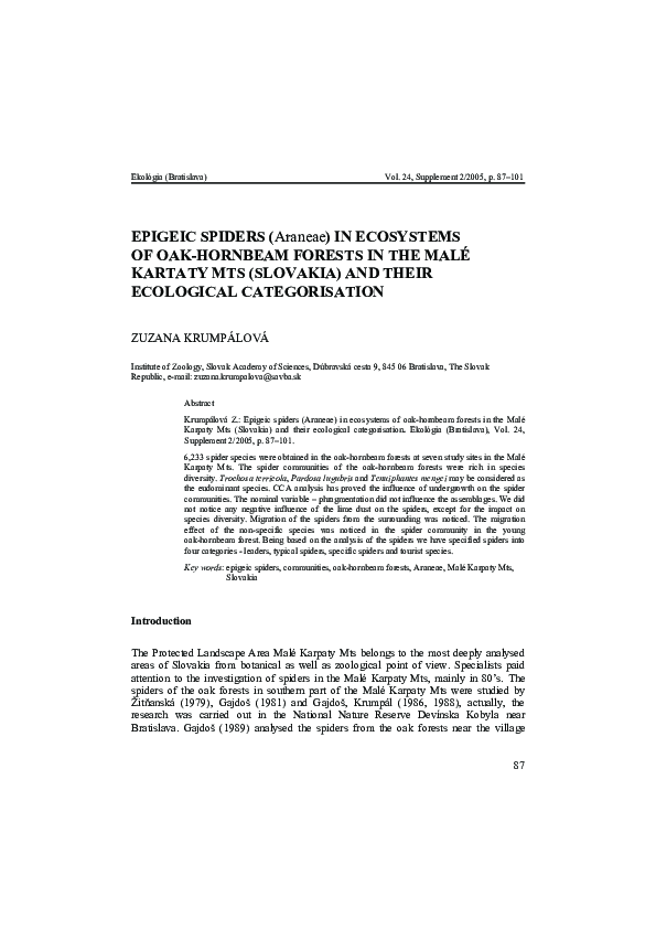 (PDF) EPIGEIC SPIDERS (Araneae) IN ECOSYSTEMS OF OAK-HORNBEAM FORESTS ...