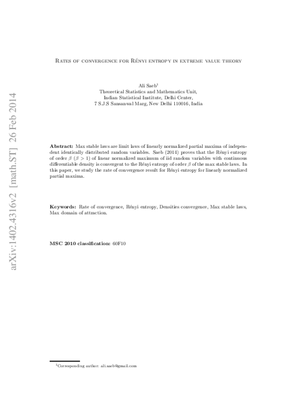 Pdf Rates Of Convergence For Renyi Entropy In Extreme Value Theory