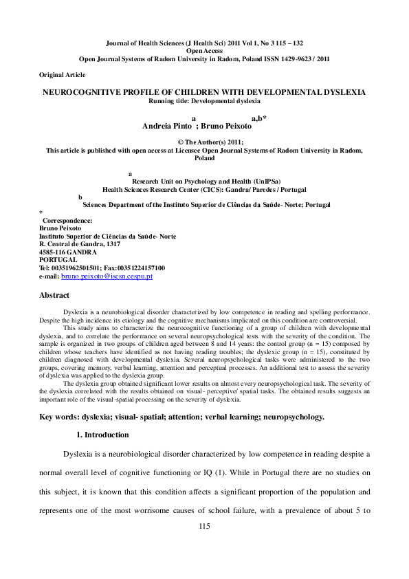 (PDF) Neurocognitive Profile of Children with Developmental Dyslexia