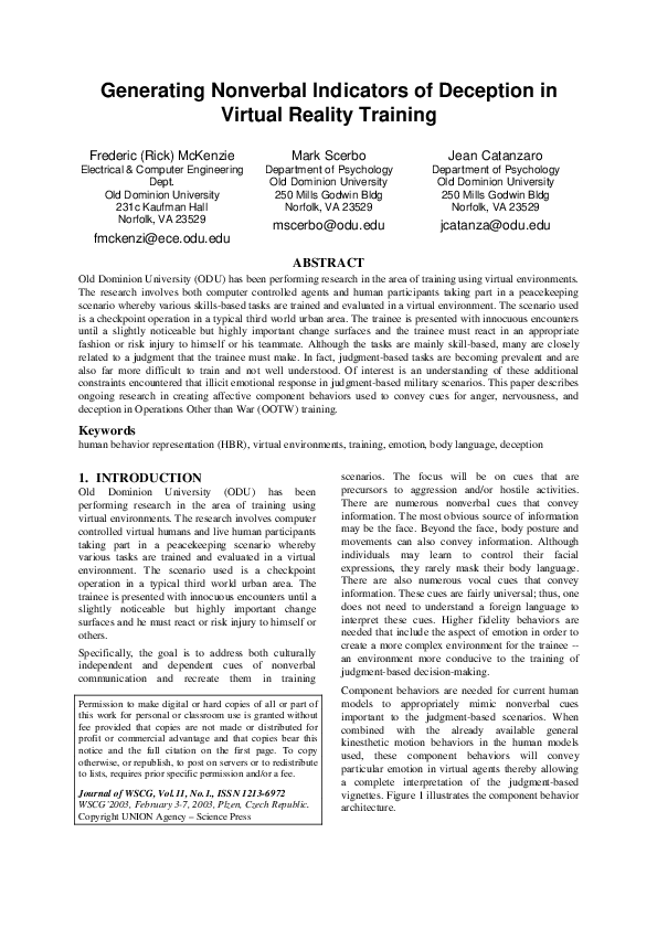 (PDF) Generating Nonverbal Indicators of Deception in Virtual Reality ...