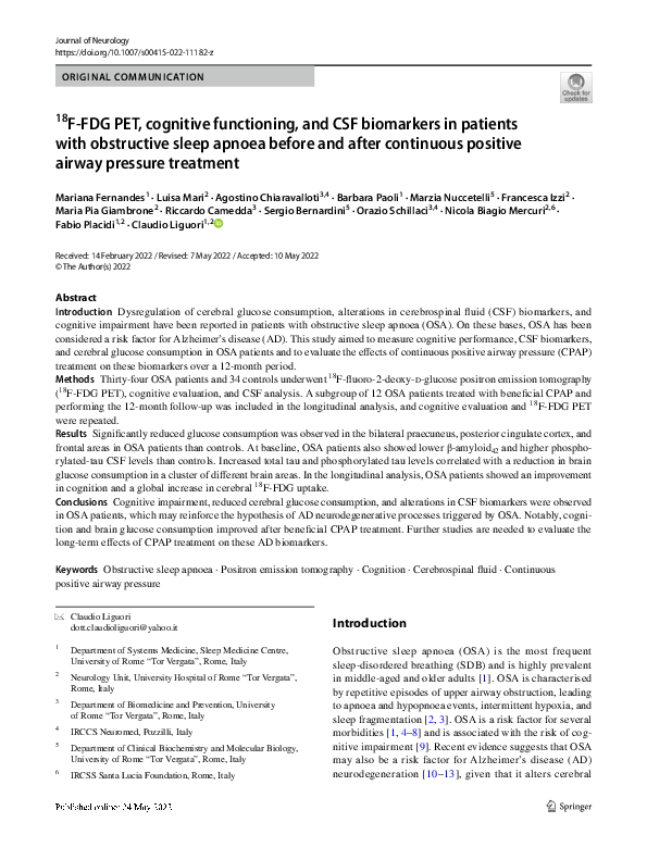 (PDF) 18F-FDG PET, cognitive functioning, and CSF biomarkers in patients with obstructive sleep ...