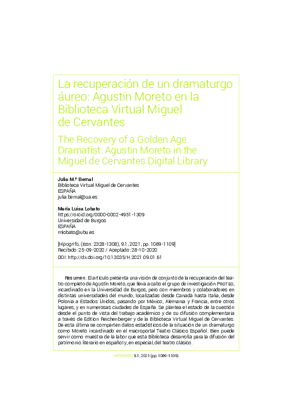 (PDF) La recuperación de un dramaturgo áureo: Agustín Moreto en la ...