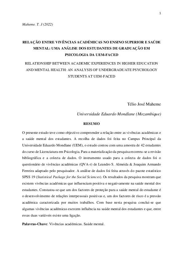 (PDF) RELAÇÃO ENTRE VIVÊNCIAS ACADÉMICAS NO ENSINO SUPERIOR E SAÚDE ...