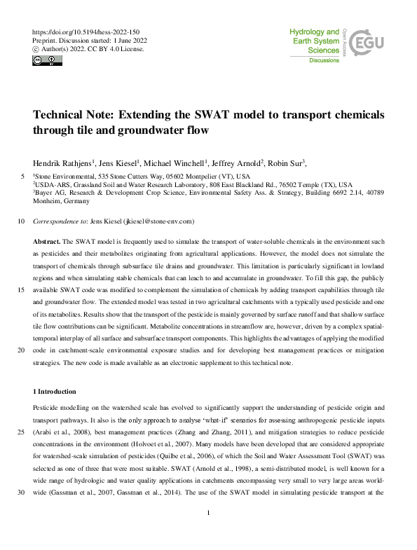 (PDF) Technical Note: Extending the SWAT model to transport chemicals ...