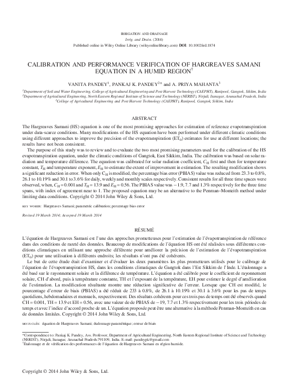 (PDF) Calibration and Performance Verification of Hargreaves Samani ...
