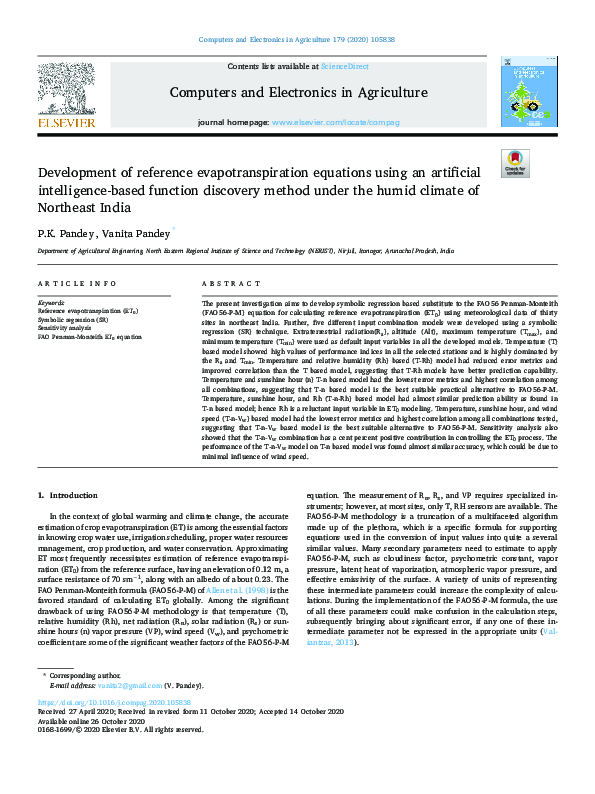 Pdf Development Of Reference Evapotranspiration Equations Using An Artificial Intelligence