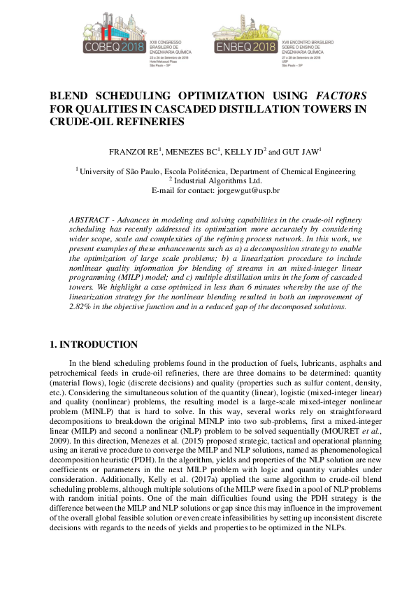 Pdf Blend Scheduling Optimization Using Factors For Qualities In Cascaded Distillation Towers