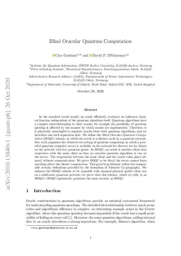 Pdf Blind Oracular Quantum Computation David Divincenzo 