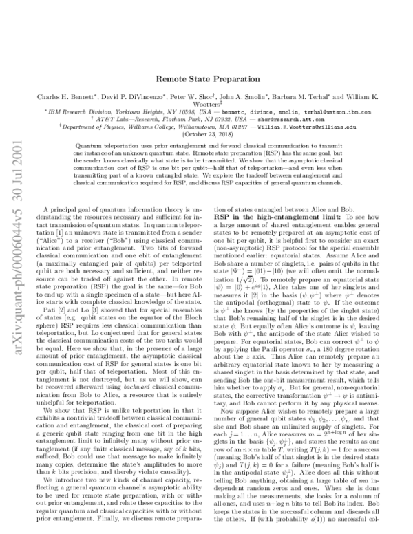 (PDF) Efficient Remote State Preparation: Cost and Capacity Analysis