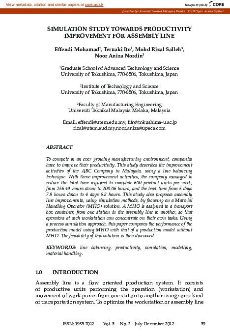 (PDF) Simulation Study Towards Productivity Improvement for Assembly Line
