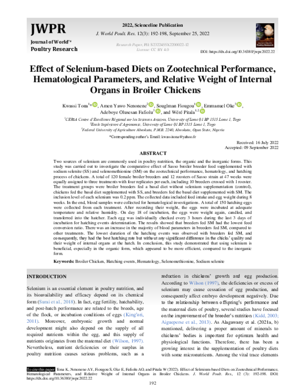 (PDF) Effect of Selenium-based Diets on Zootechnical Performance, Hematological Parameters, and ...