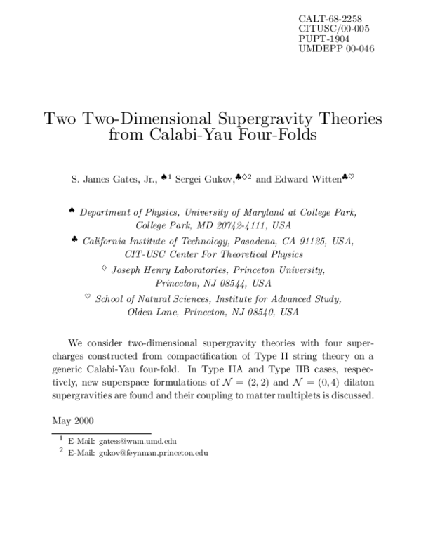 (PDF) Two two-dimensional supergravity theories from Calabi–Yau four-folds