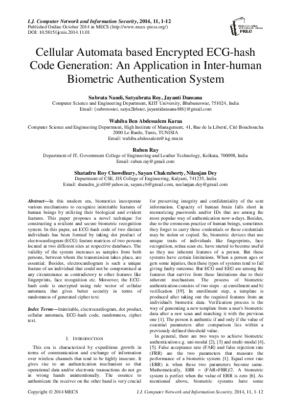 Pdf Cellular Automata Based Encrypted Ecg Hash Code Generation An Application In Inter Human