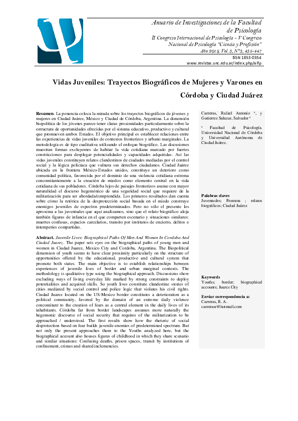 (PDF) Vidas Juveniles: Trayectos Biográficos de Mujeres y Varones en Córdoba y Ciudad Juárez